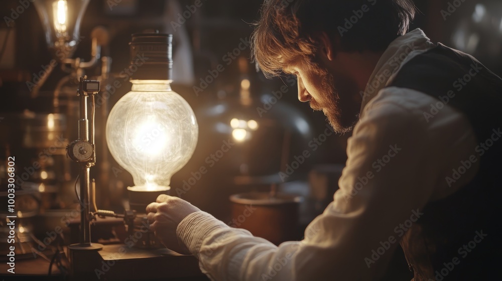 Inventor Working on Early Electric Light Bulb in Vintage Laboratory ...