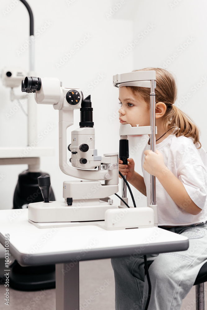 In a modern ophthalmology clinic, an ophthalmologist checks a little ...