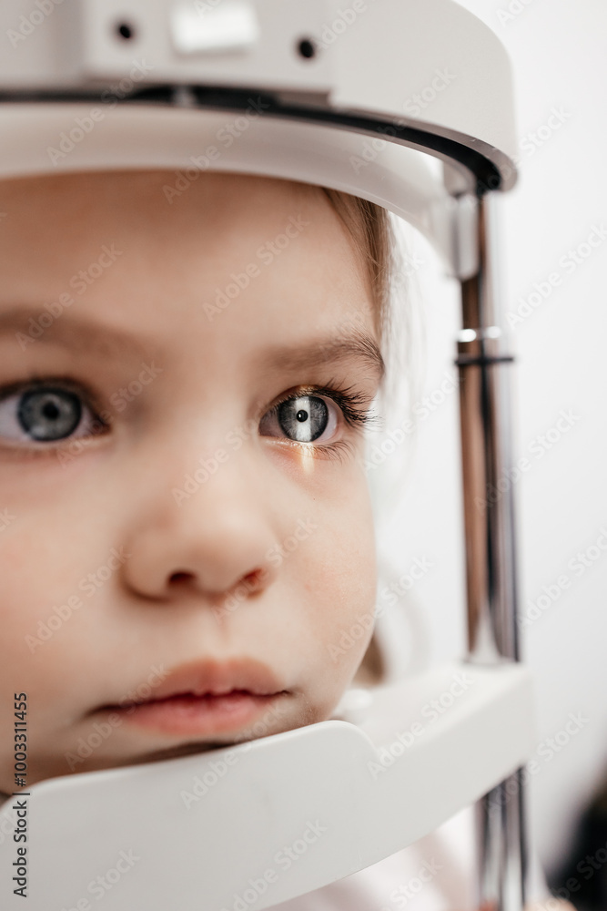 Child little girl getting an eye exam at ophthalmology clinic. Checking ...