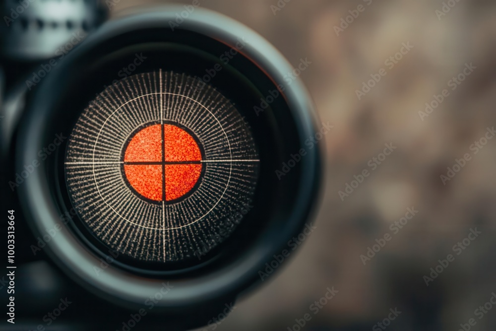 Sniper's scope view of a target, crosshairs aligned on a bullseye ...