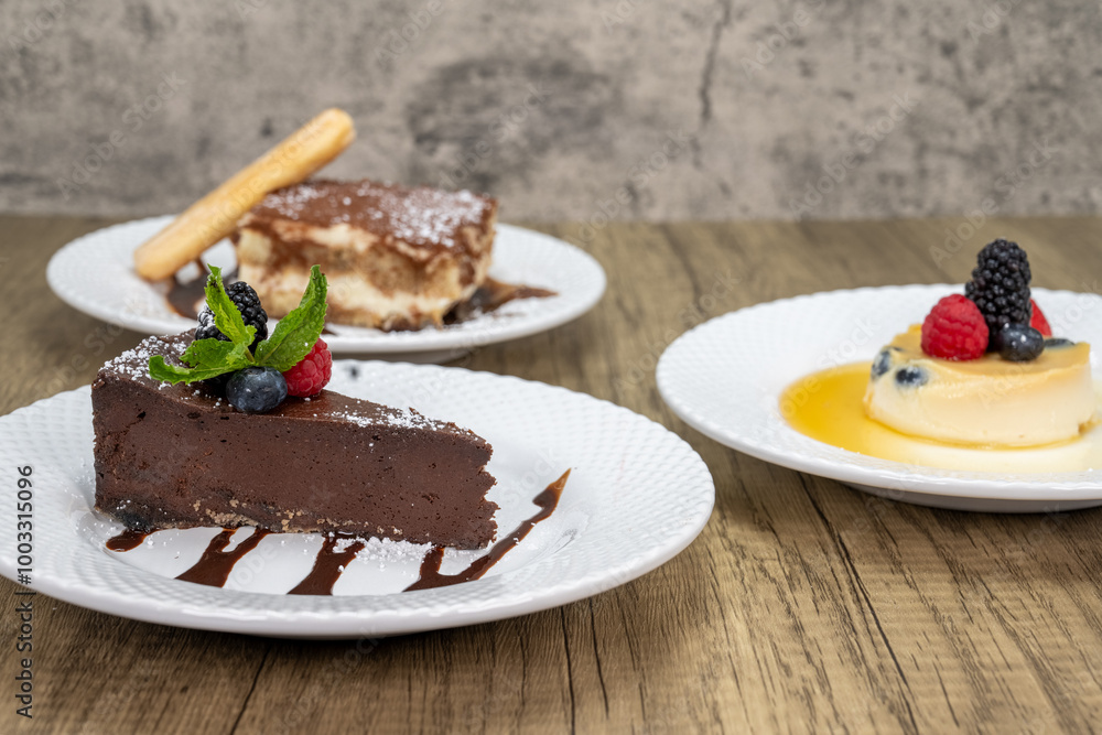 Italian dessert menu offering chocolate bitter sweet cake, tirimasu, or ...