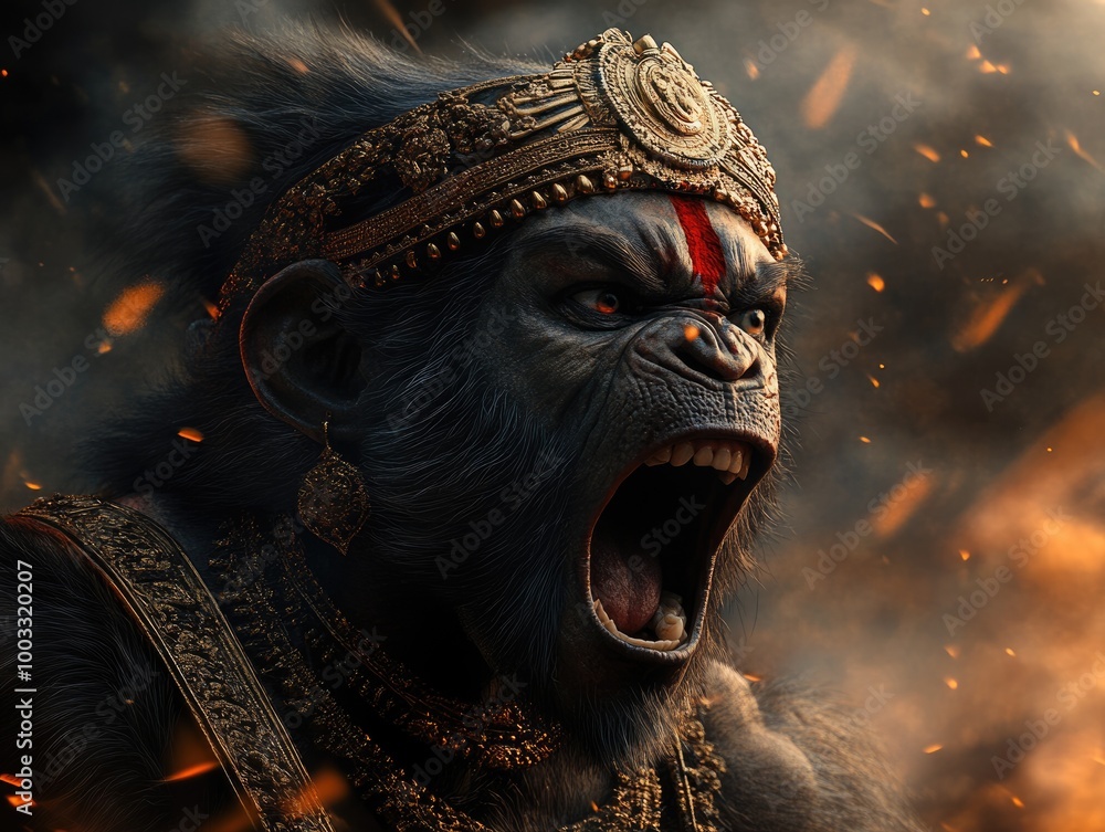 A depiction of Hanuman, the monkey like deity in Hinduism, known for ...