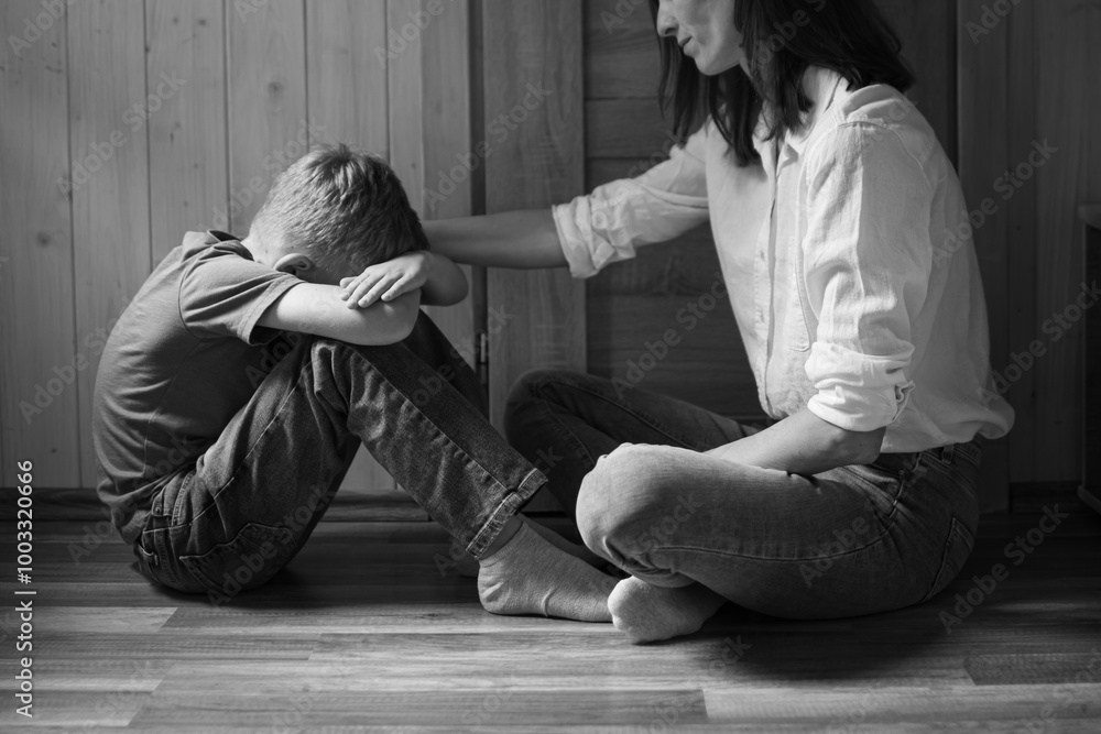 Parent comforting helping sad emotional child at home, concept of ...