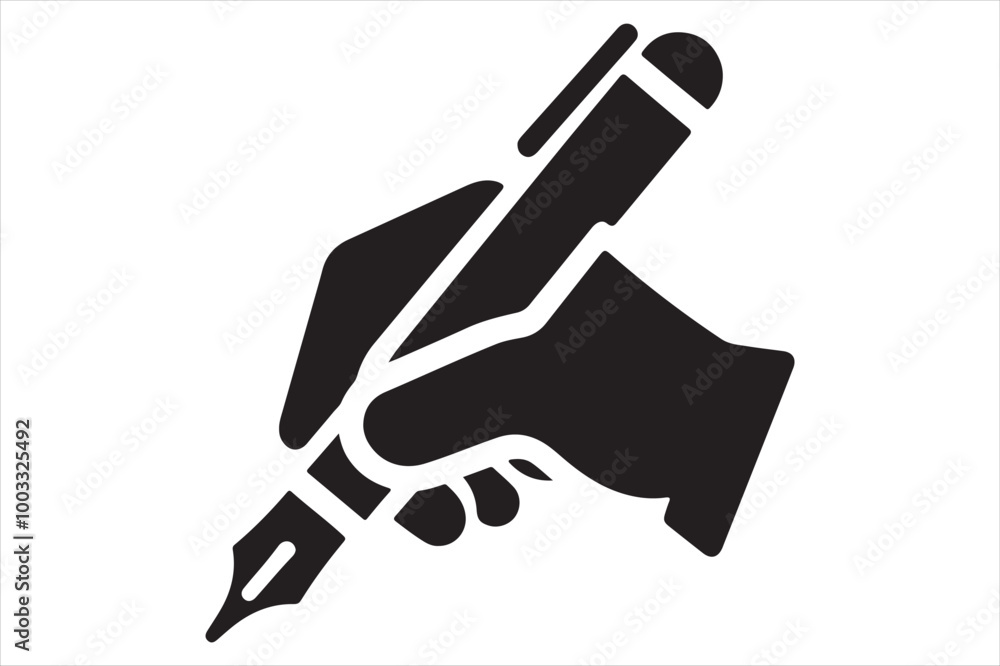 An icon illustrating a hand gripping a pen, write symbol styled as a ...