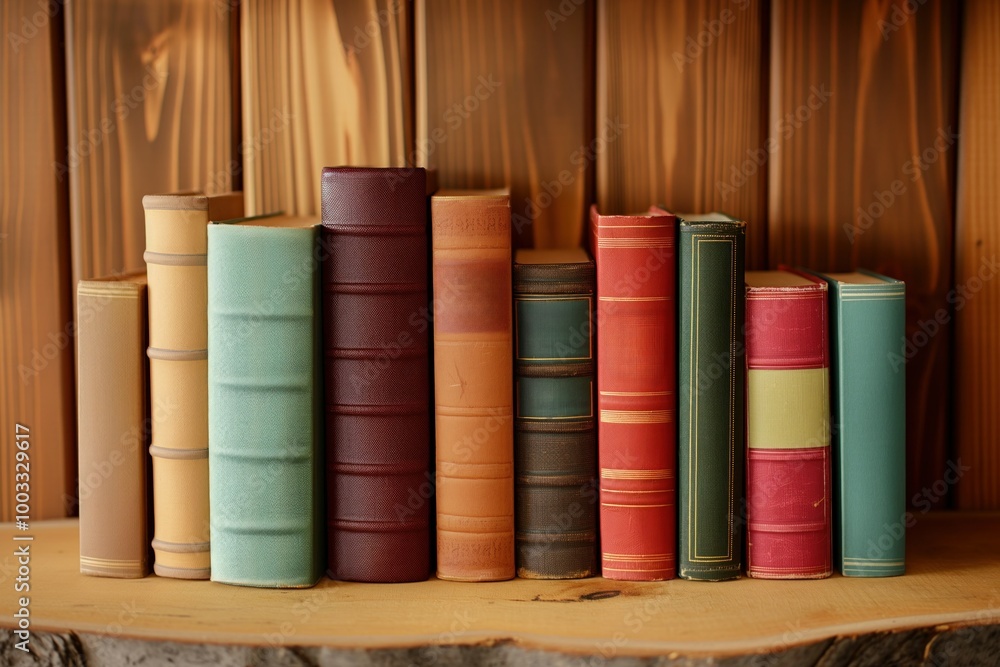 Aged wooden bookshelf with stacked old books in close-up. Wooden shelf ...