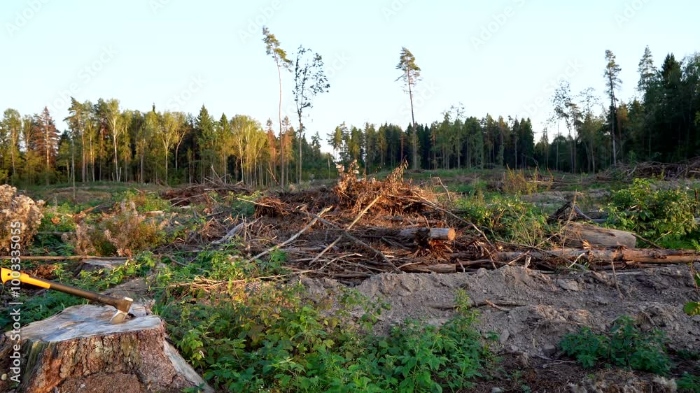 Deforestation. Axe in stump for cutting timber in forest. Illegal ...