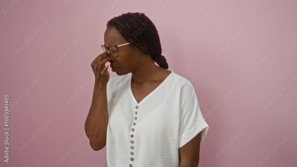 Headache-stricken young african american woman wearing glasses rubbing ...