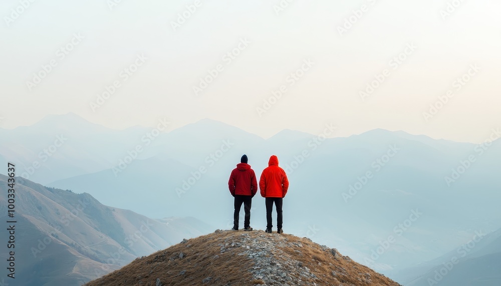 Men bonding over outdoor activities, hiking in a scenic landscape ...