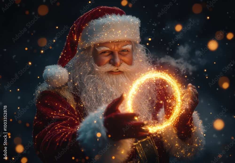 Santa with a glowing ring of light in his hands and snow falling around ...