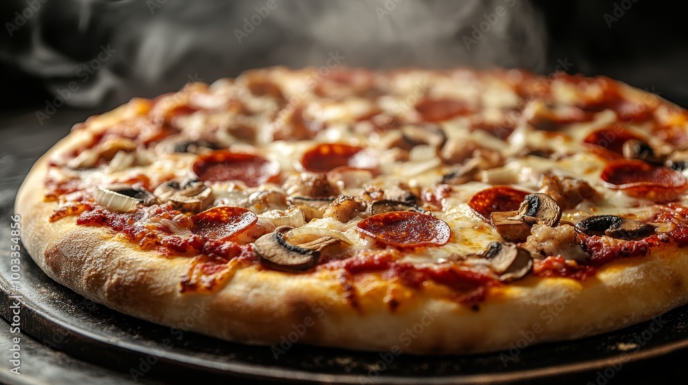 A steaming hot pizza with melted cheese, pepperoni, mushrooms, and ...