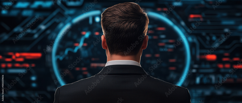 Professional man observing digital data dashboard and analytics in dark ...