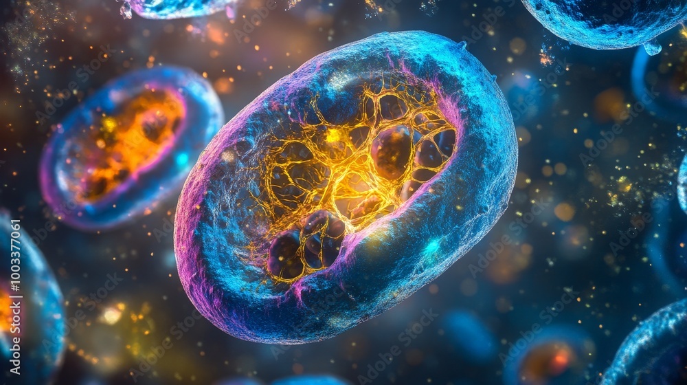 A close-up image of cells under a microscope, showing detailed views of ...