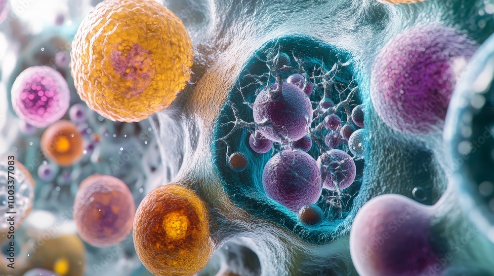 A close-up of animal cells, showing the differences in cell structure ...