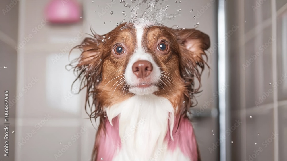 Confused dog stands in shower as water splashes down, captured in an ...