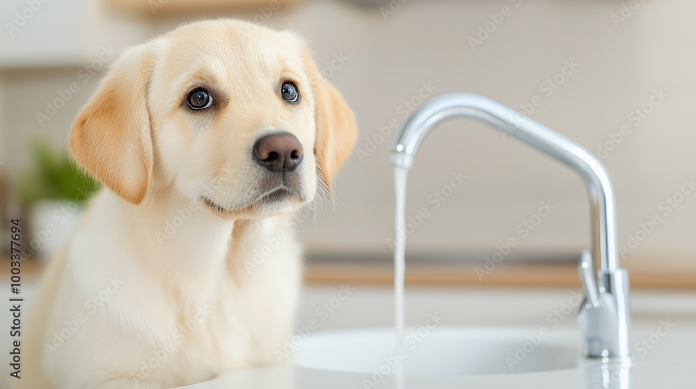 A curious dog gazes into the kitchen sink, captivated by its own ...