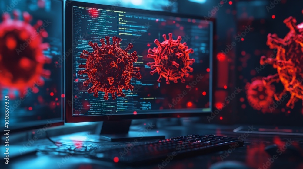 A computer system protected by antivirus software, with blocked virus ...