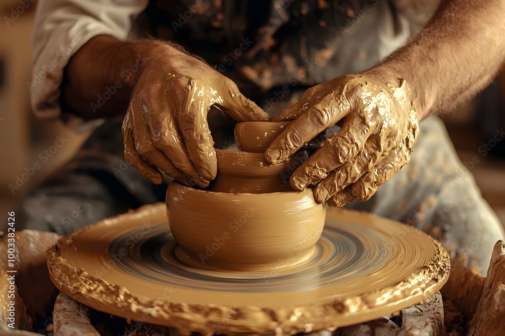 Skilled potter expertly shaping and molding a unique piece of ceramic ...
