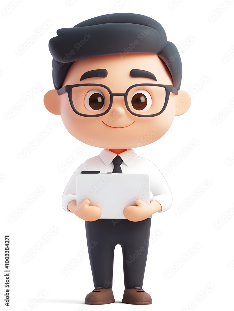 Cheerful and friendly 3D character design of an IT professional or tech expert in a stylized ...