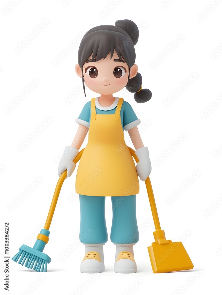 Cute and cheerful 3D character of a female cleaning worker in SD anime ...