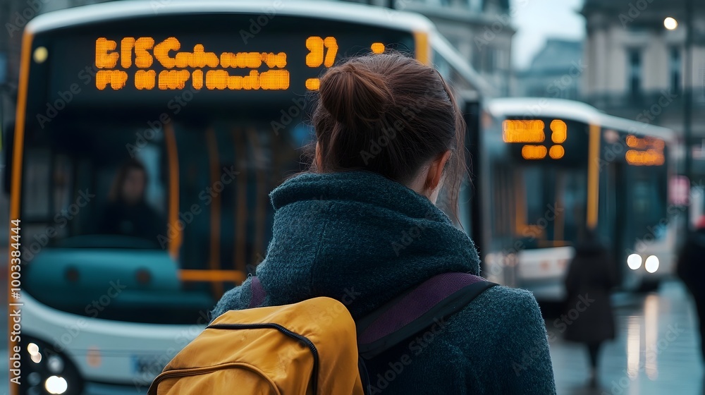 Close up of a woman boarding a public bus her face half turned as the ...