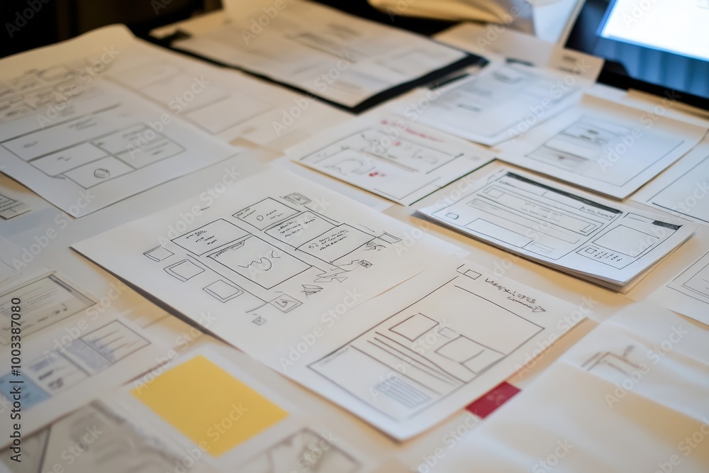 A UX design process visualized by wireframes, user flow charts, and ...
