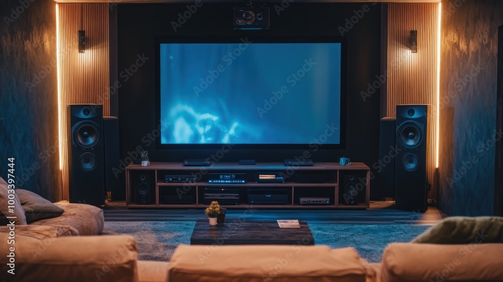 Show a high-tech home theater setup with a large screen, surround sound ...