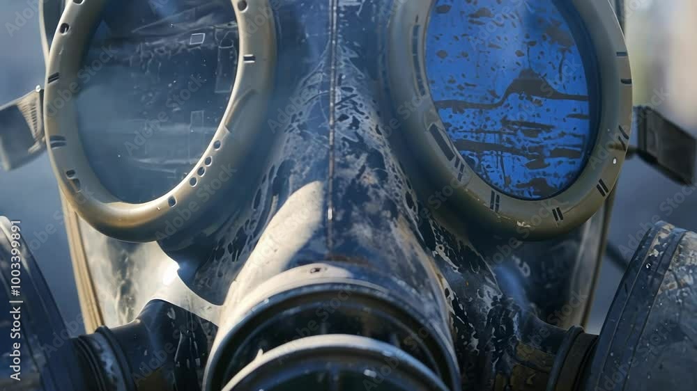 Close up of an old gas mask in toxic smoke, highlighting danger and ...