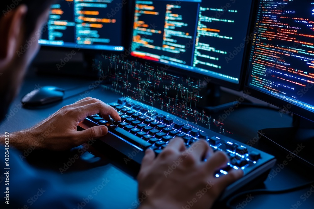 A hacker in a dark room typing on a keyboard, with lines of code and ...