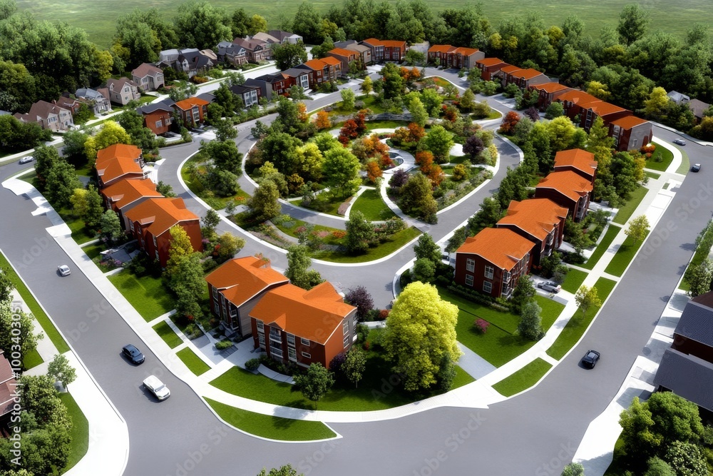 An aerial view of a planned mixed-use urban development, with ...