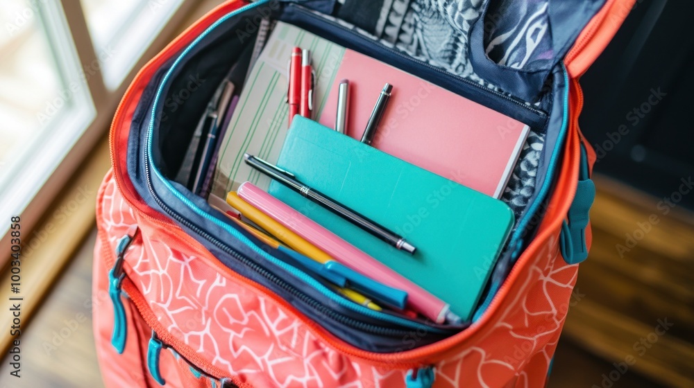 Show an open backpack with school supplies like notebooks, pens, and ...