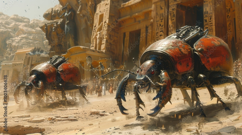 Two massive mech beetles engage in an intense battle in ancient Egypt ...