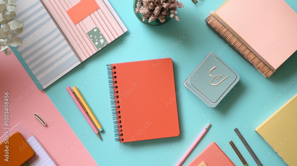 Show an assortment of stylish notebooks and desk accessories, like a ...