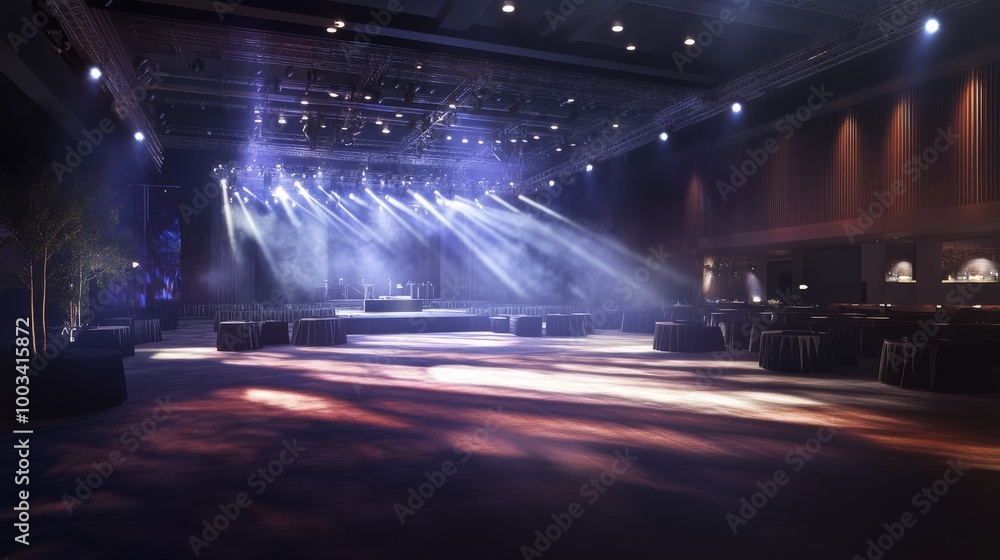A modern, empty event space with dynamic lighting and a stage, ideal for concerts or ...