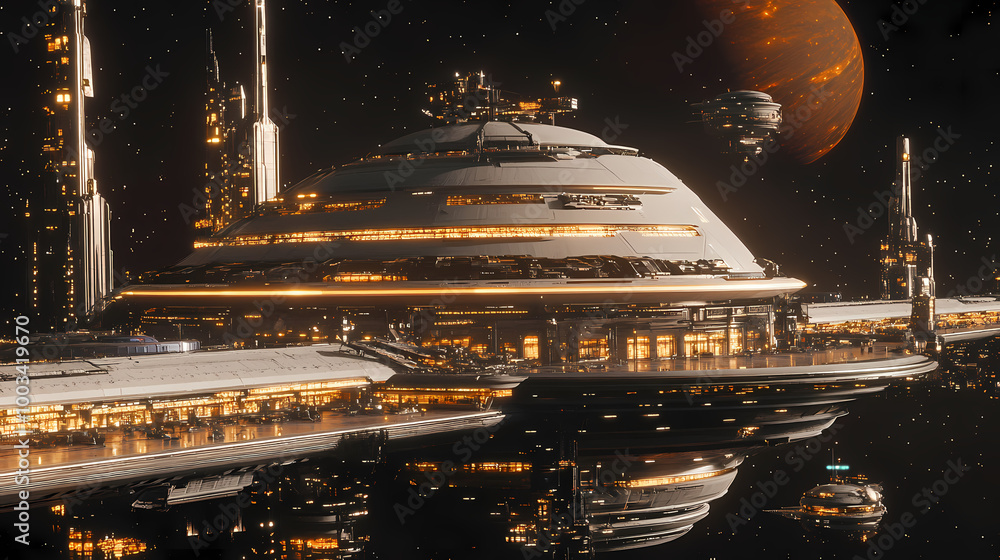 Interstellar trade depot 3d rendering - central hub for galactic ...