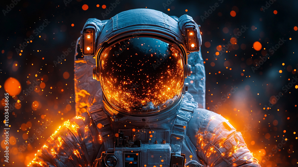 solitary astronaut figure in a sleek helmet floats in the vast ...