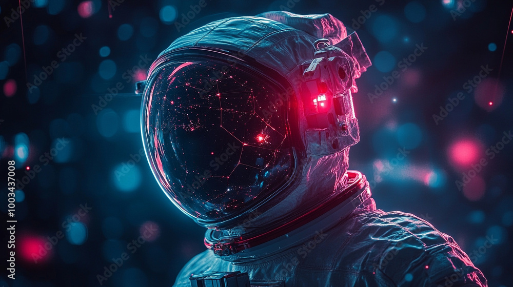 solitary astronaut figure in a sleek helmet floats in the vast ...