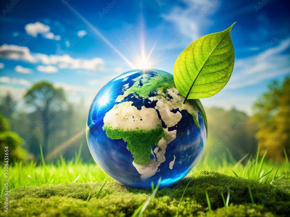 A green leaf intertwined with a blue globe symbolizes global unity and ...