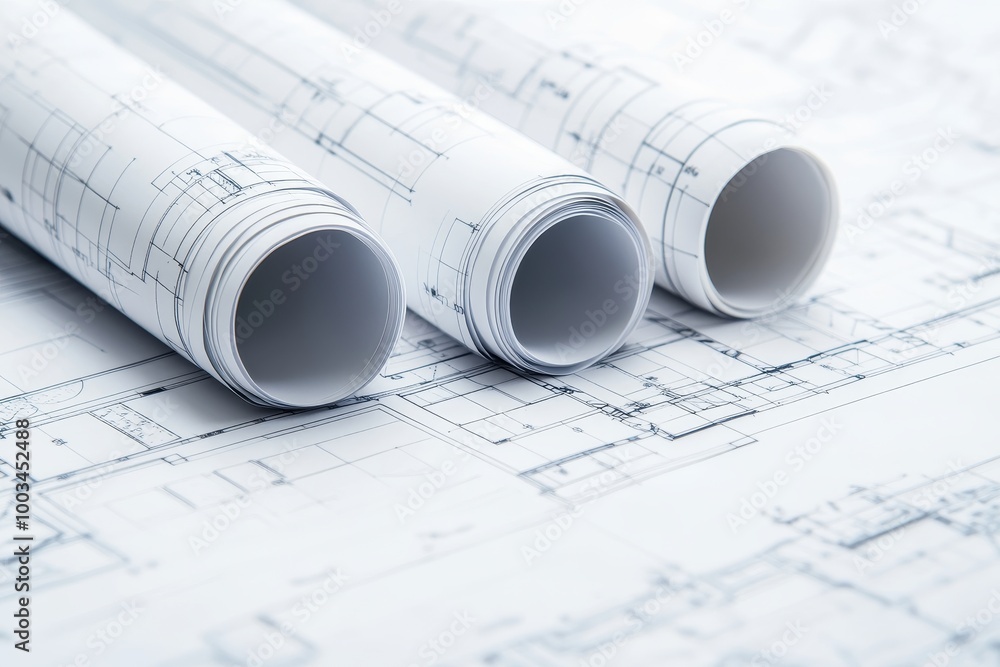 Rolled-up blueprints with a detailed floor plan, showing the structure ...
