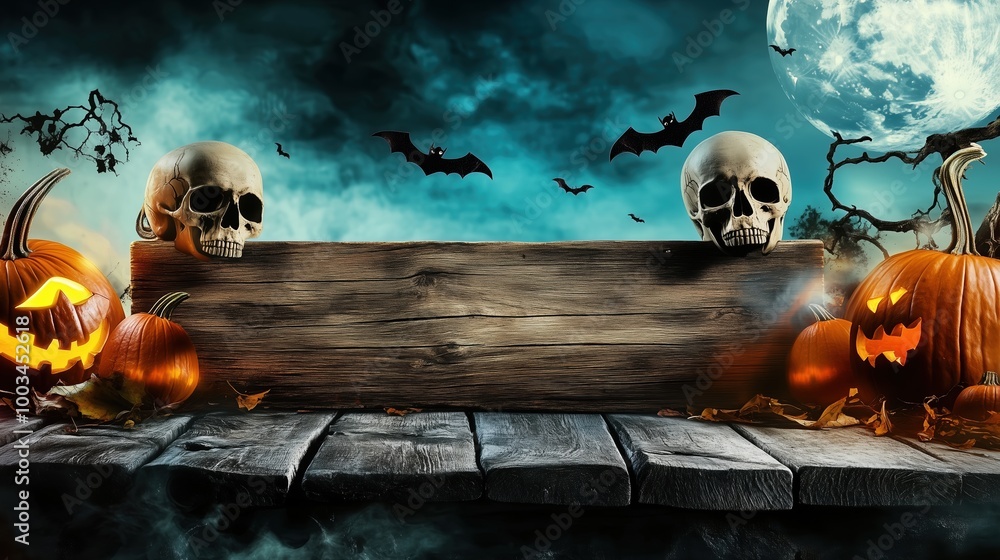 Creepy wooden sign held by skeleton hands with glowing eyes in a ...