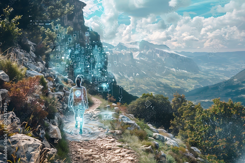 Health and fitness icons appearing as holograms above a serene mountain ...