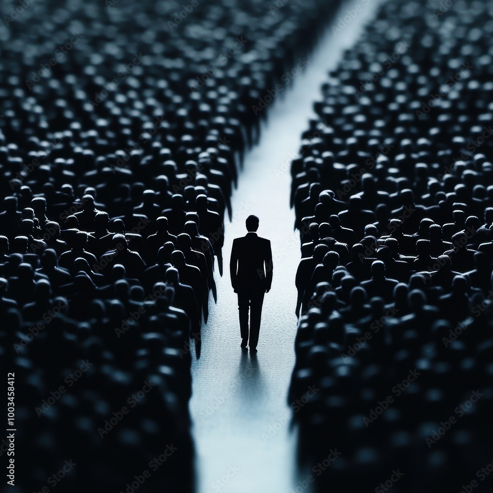 A dramatic scene depicting a lone individual walking confidently down a ...