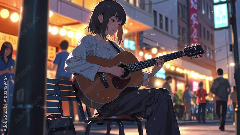 A lofi girl plays guitar on a city street at night, surrounded by ...