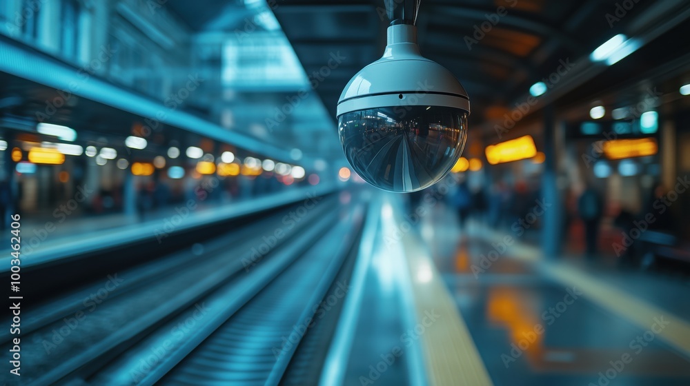 Security camera at train station platform. Ceiling-mounted security ...