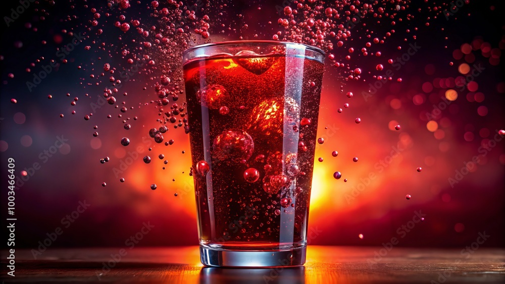 Effervescent bubbles dance in a vivid red drink, creating a lively ...