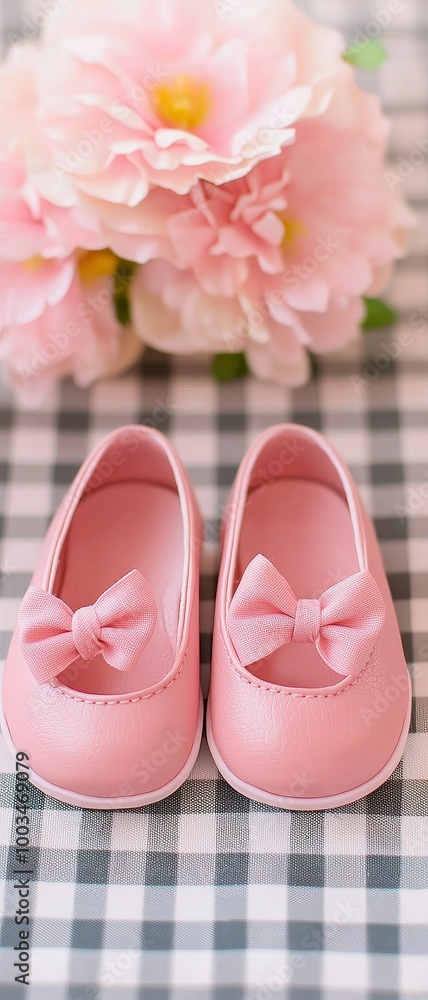 Cute pink baby shoes with bows, pink flowers in the background, blurred checkered pattern. Stock ...