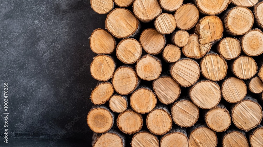 Wood logs stacked neatly against a dark background, showcasing natural ...