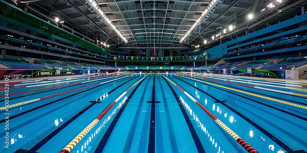 the Olympic swimming pool with lanes clearly marked and starting blocks ...