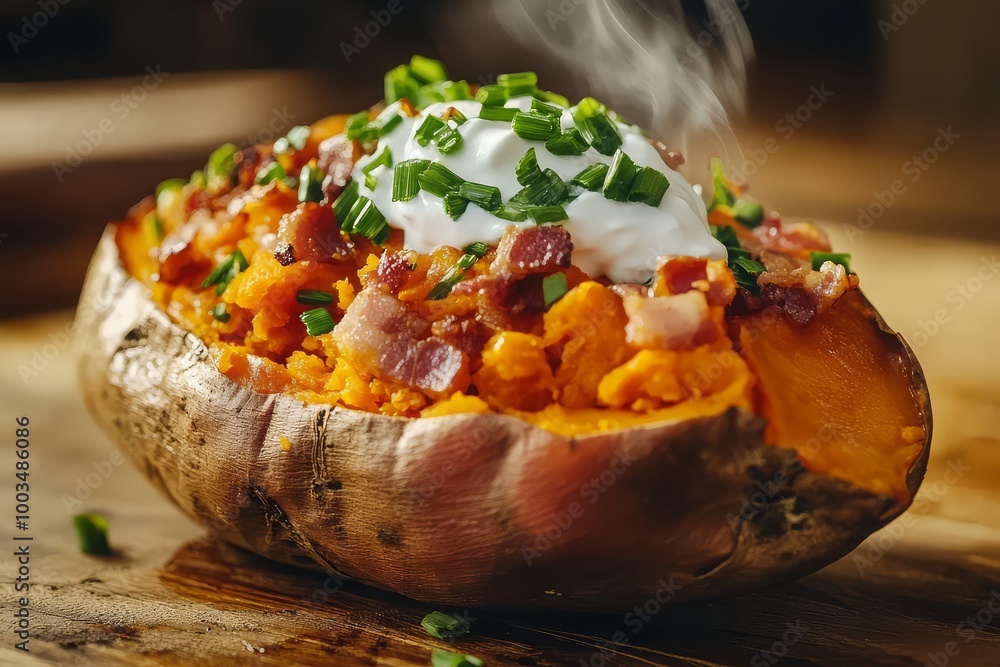 Loaded baked sweet potato with bacon and sour cream Stock Photo | Adobe ...