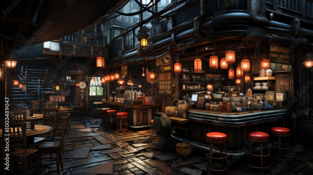 A dimly lit steampunk bar interior with wooden tables and chairs, a ...