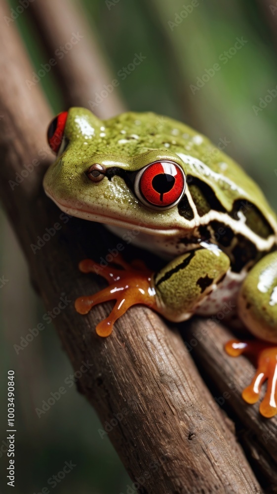 Red-eyed tree frog sitting on a tree branch, closeup of red-eyed tree ...